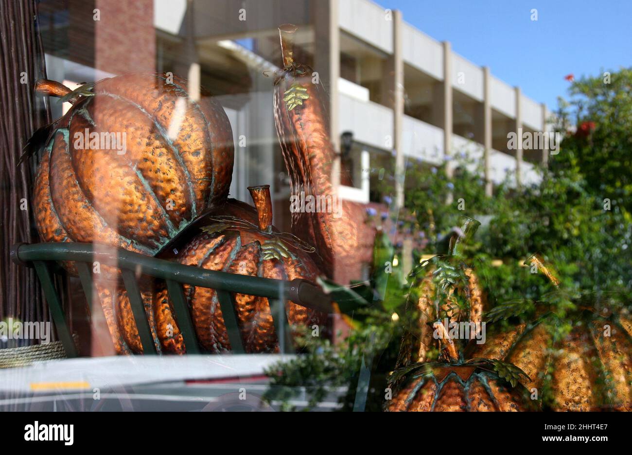 Window Display of Metal Pumpkins and Gourds with Reflection of Building ...