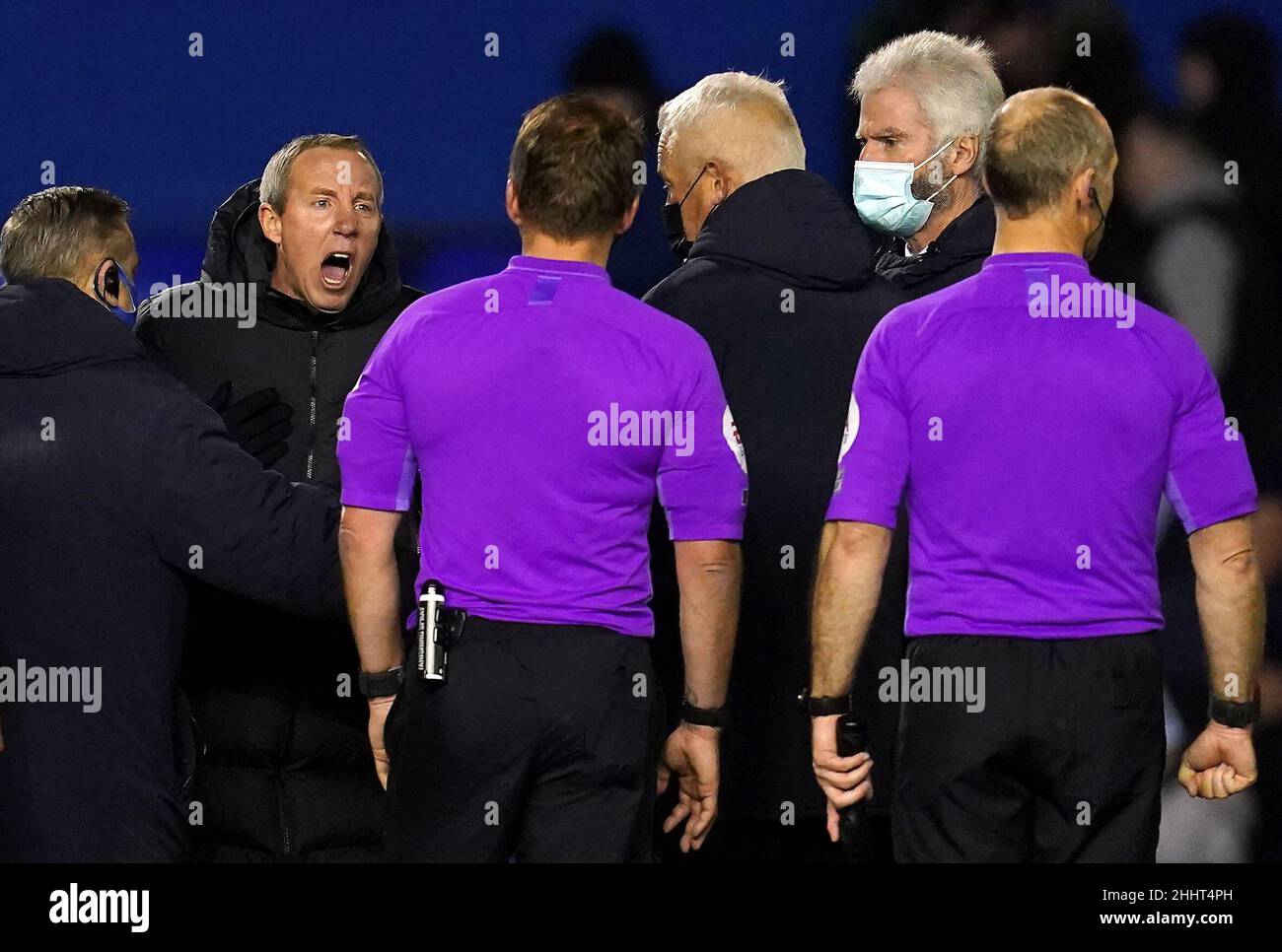 Birmingham City manager Lee Bowyer (left) gestures to referee Oliver ...