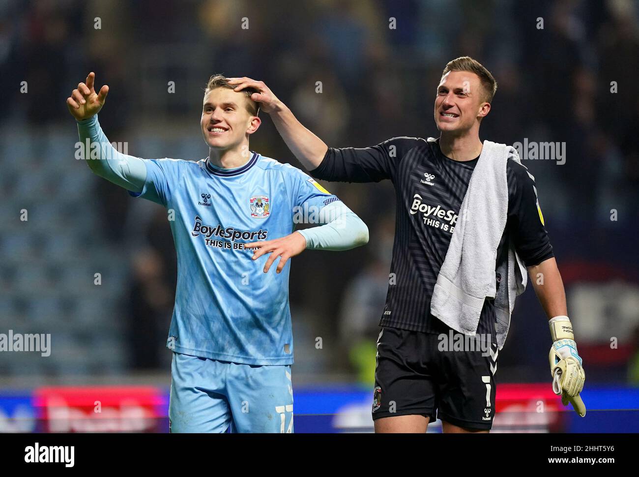 Coventry City's Viktor Gyokeres (left) and goalkeeper Simon Moore ...