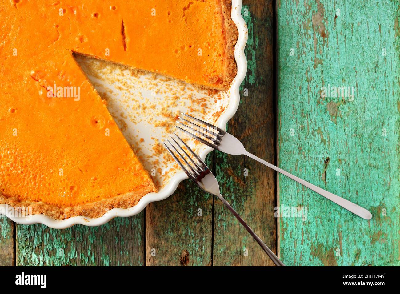 Fresh round bright orange homemade pumpkin pie in white baking dish ...