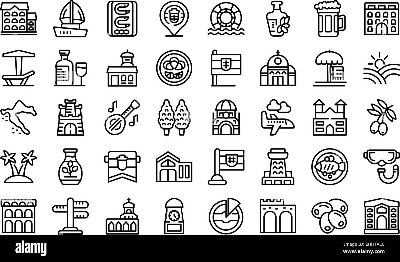 Croatia icons set outline vector. Split zagreb. Map landmark Stock ...