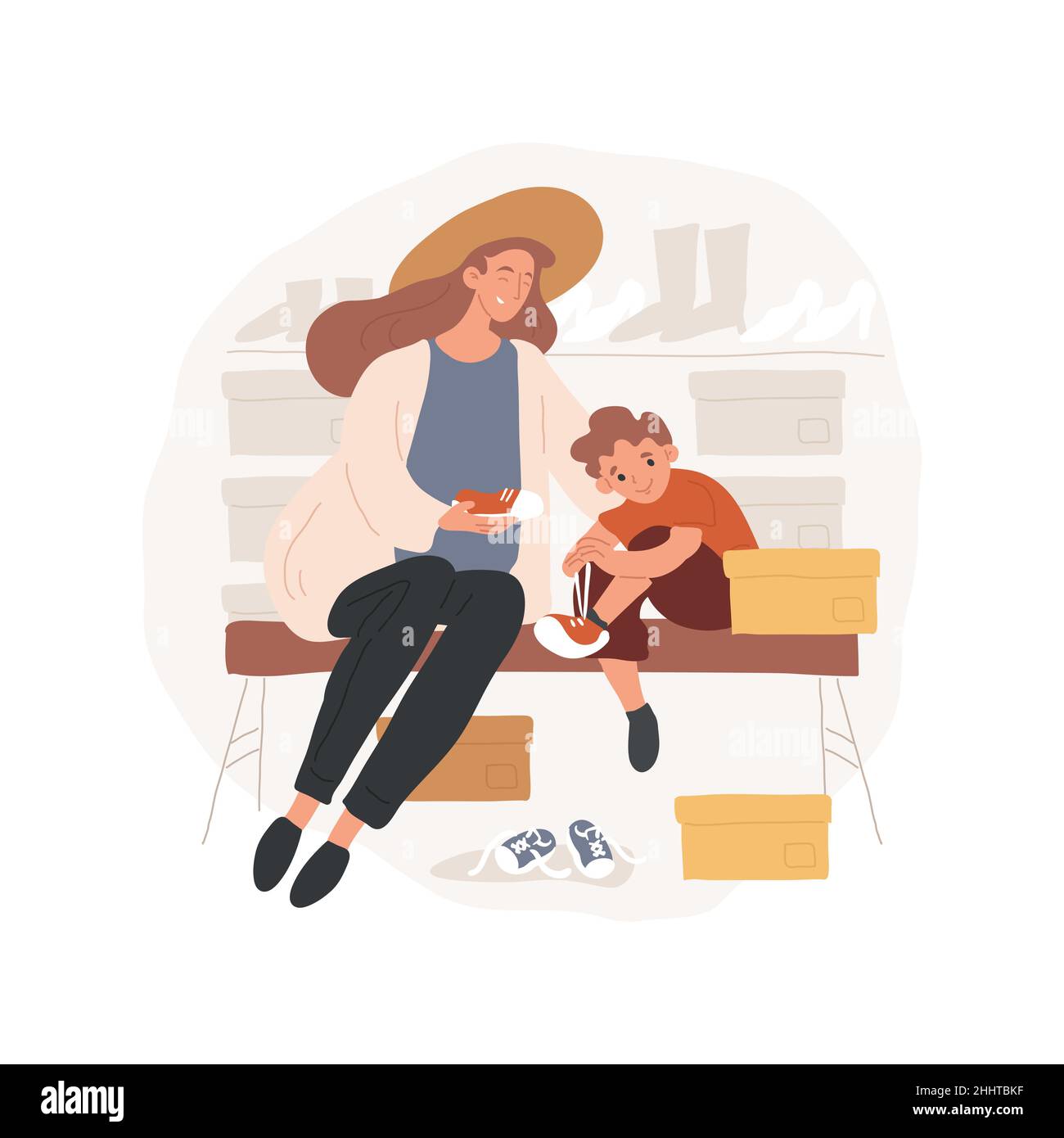 Trying on shoes isolated cartoon vector illustration. Kid sitting in a ...