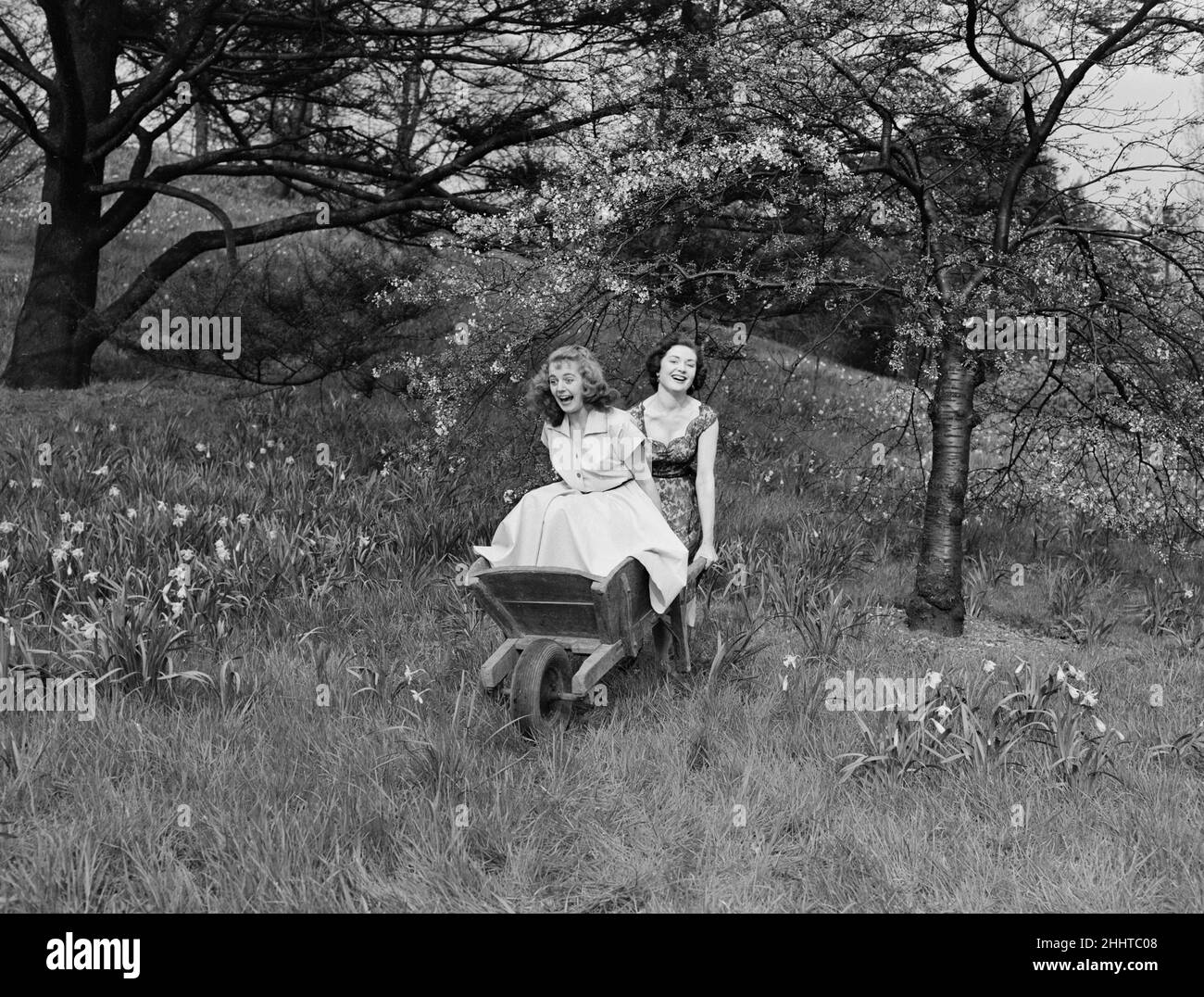 Two girls rolling down the hill in a wheelbarrow on a pleasant Spring ...