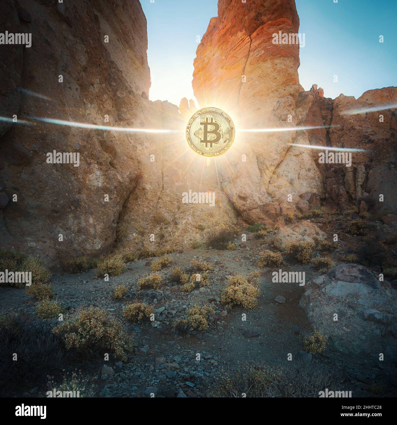Bitcoin as a symbol of power in connection with our earth Stock Photo ...