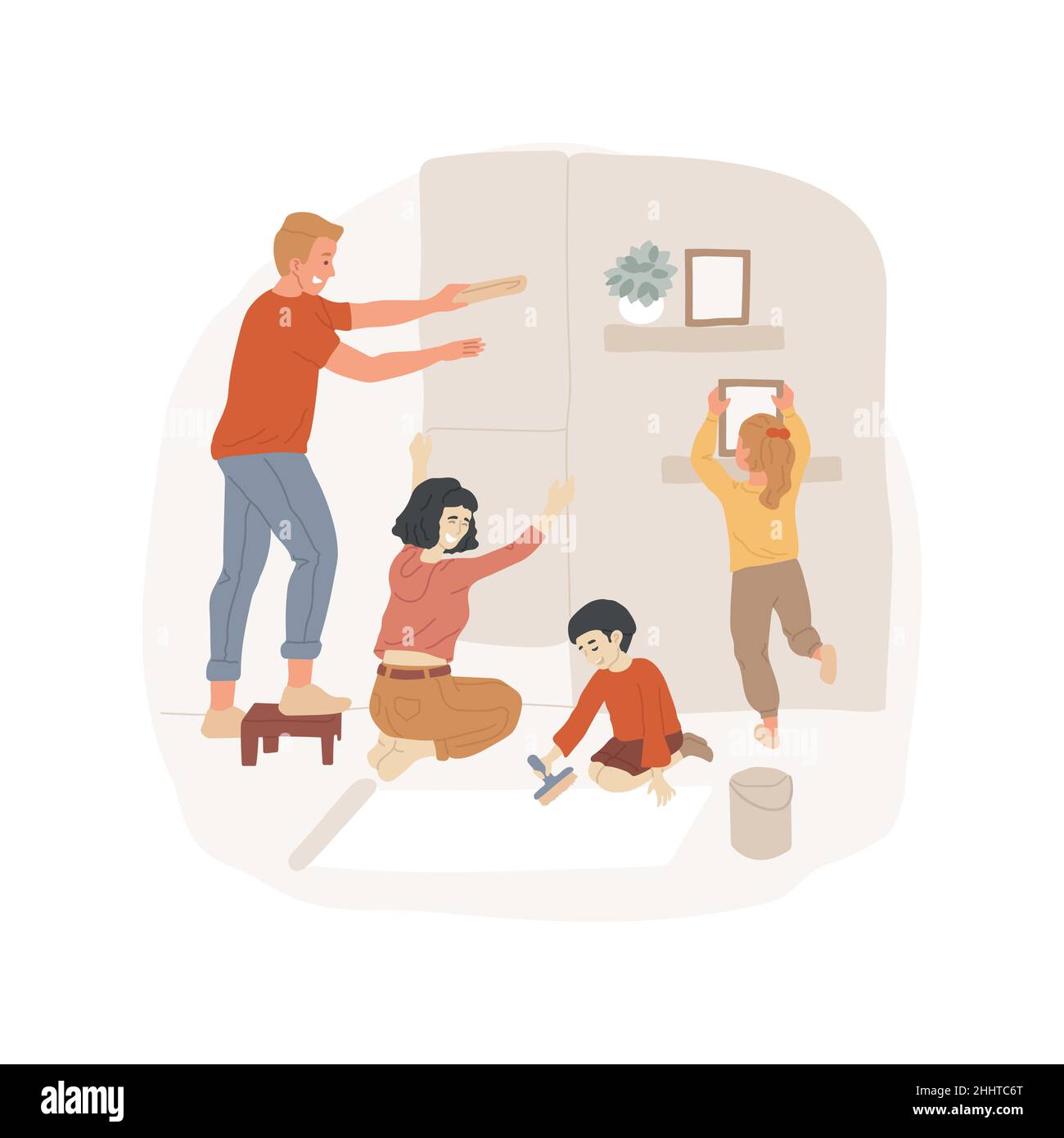 Put wallpapers isolated cartoon vector illustration. Happy family doing ...