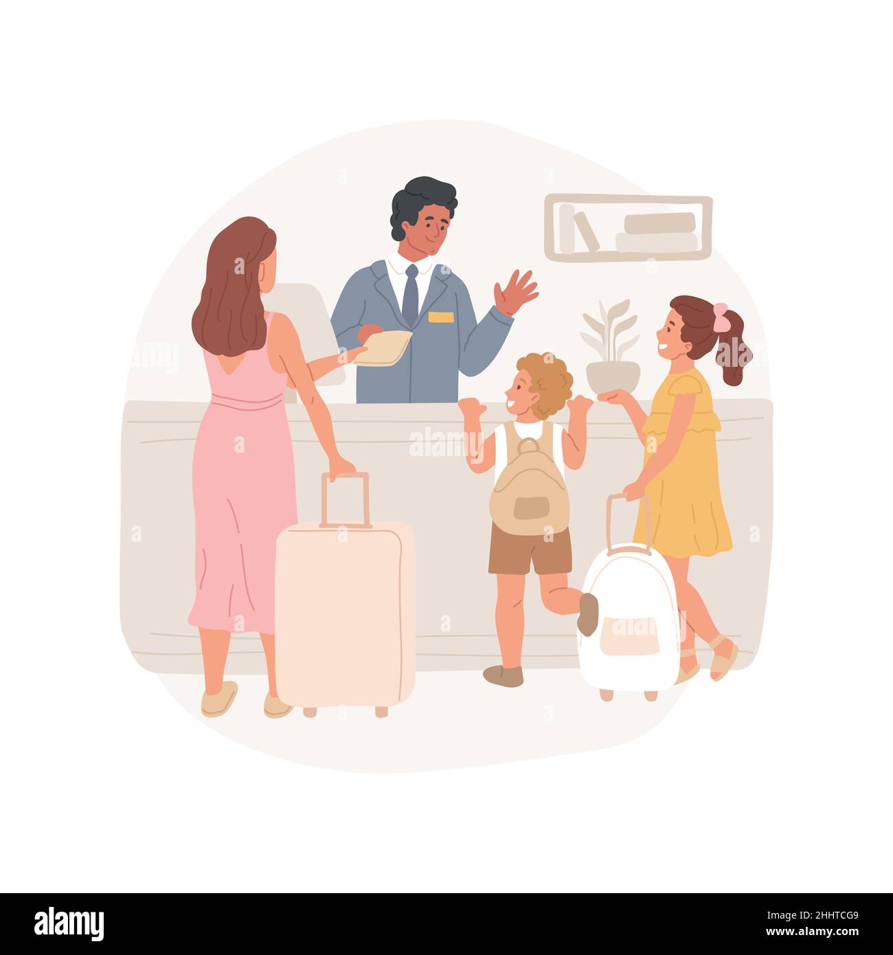 Hotel check-in isolated cartoon vector illustration. Family standing at ...