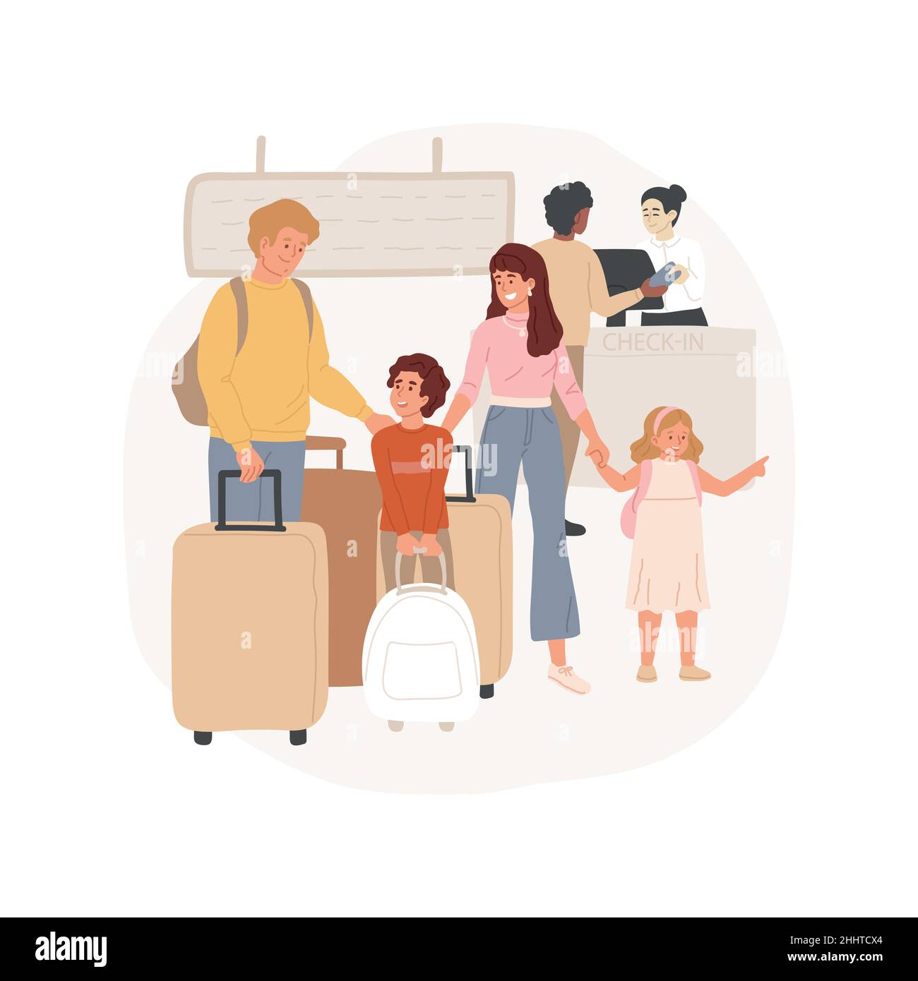 Airport check-in isolated cartoon vector illustration. Family in the ...