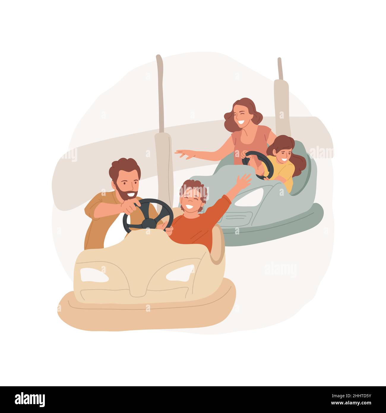 Bumper cars isolated cartoon vector illustration. Parents sit in small ...