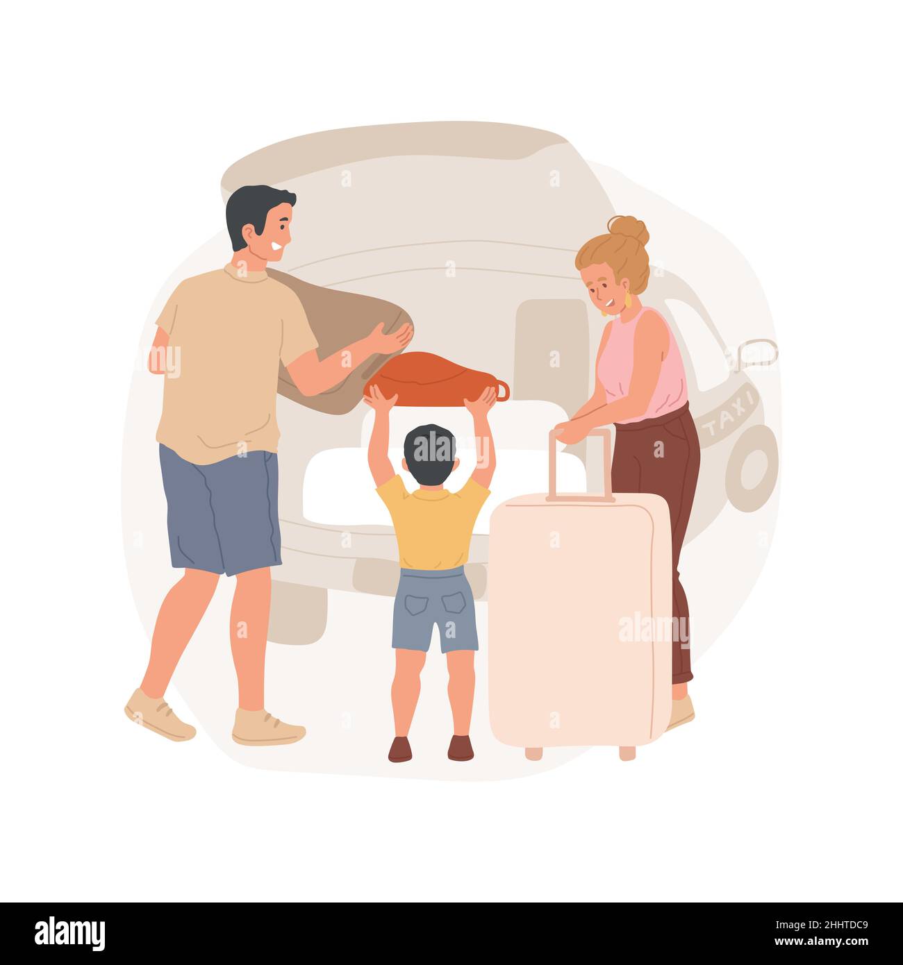 Taxi ride isolated cartoon vector illustration. Family loads luggage on ...
