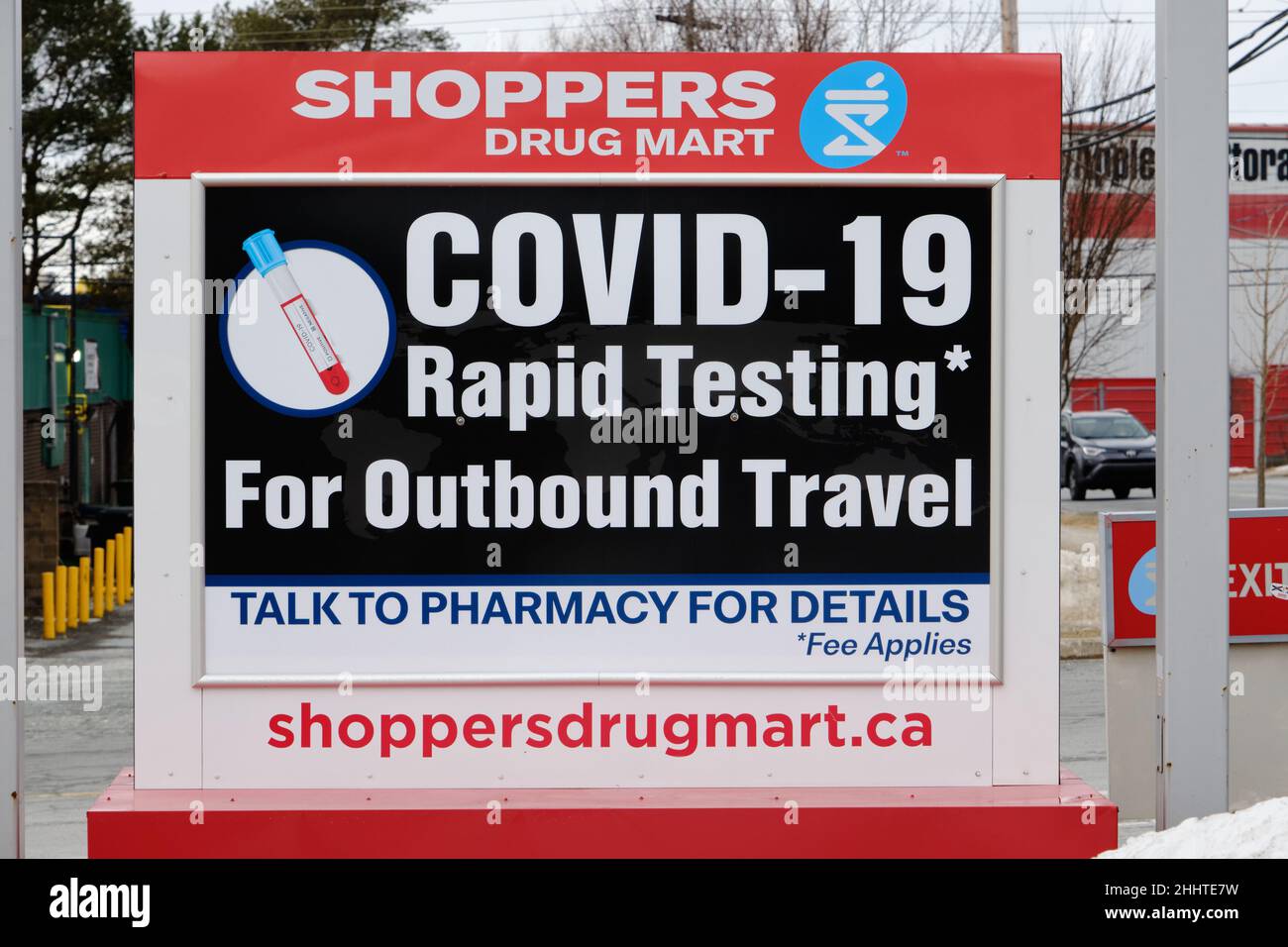 Sign announcing Covid-19 Rapid testing for Outbound Travel at Shoppers ...