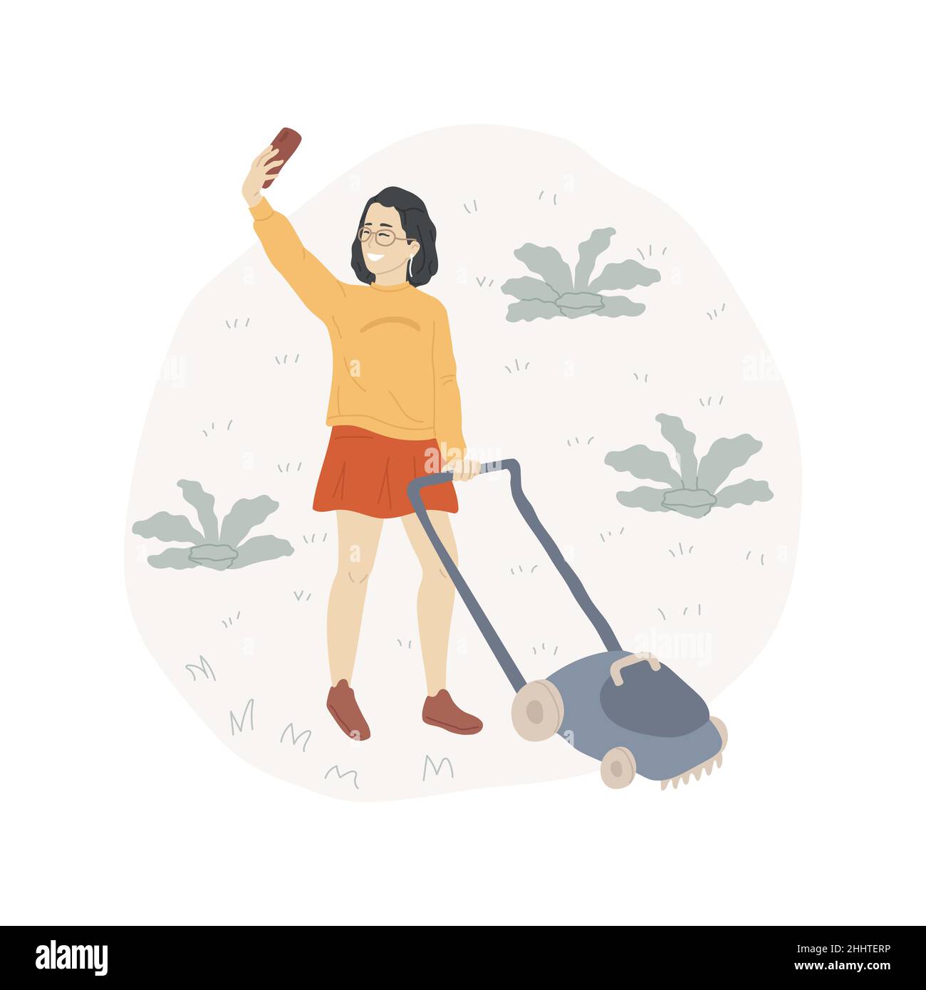Lawn mowing isolated cartoon vector illustration. Attractive girl ...