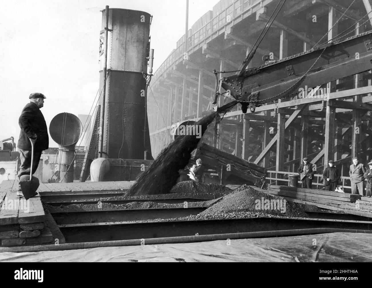The collier ship Fulham being loaded with coal on the River Tyne at ...