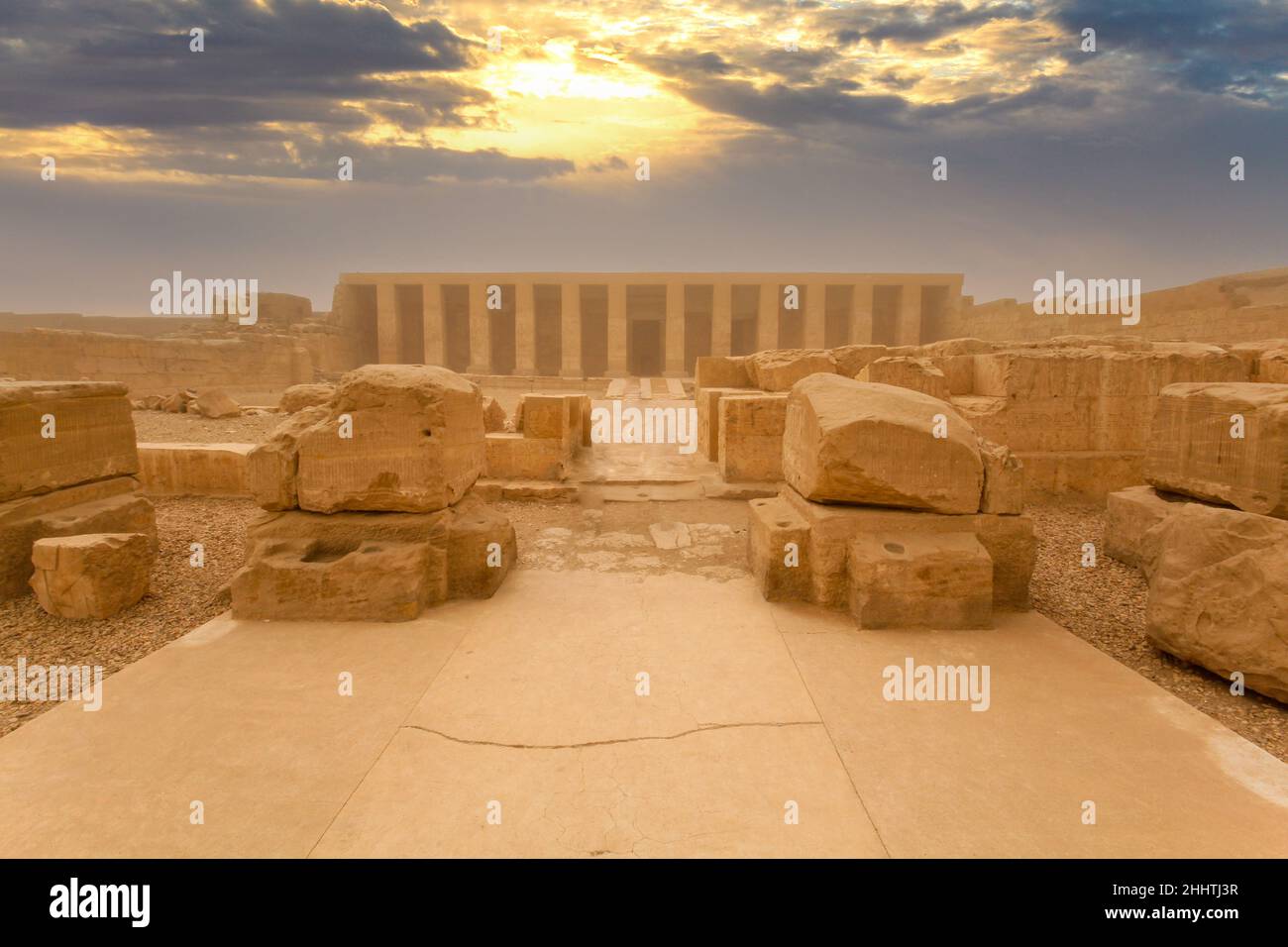 The famous temple of Sethos I in Abydos during a foggy sunset, Egypt ...