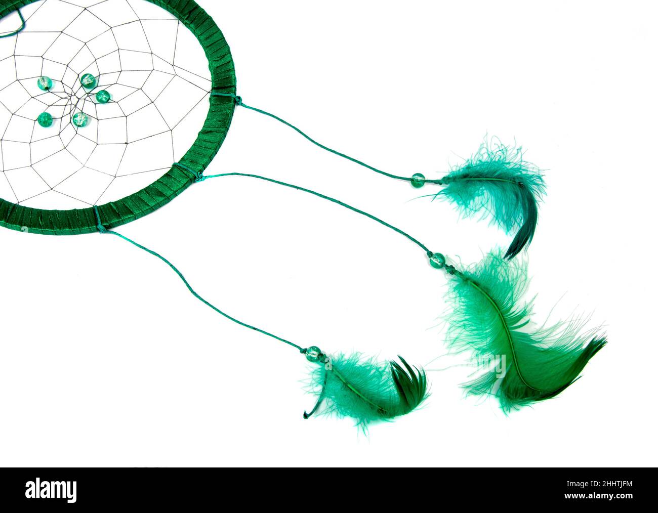 magic green dream catcher with feathers isolated on the white Stock ...