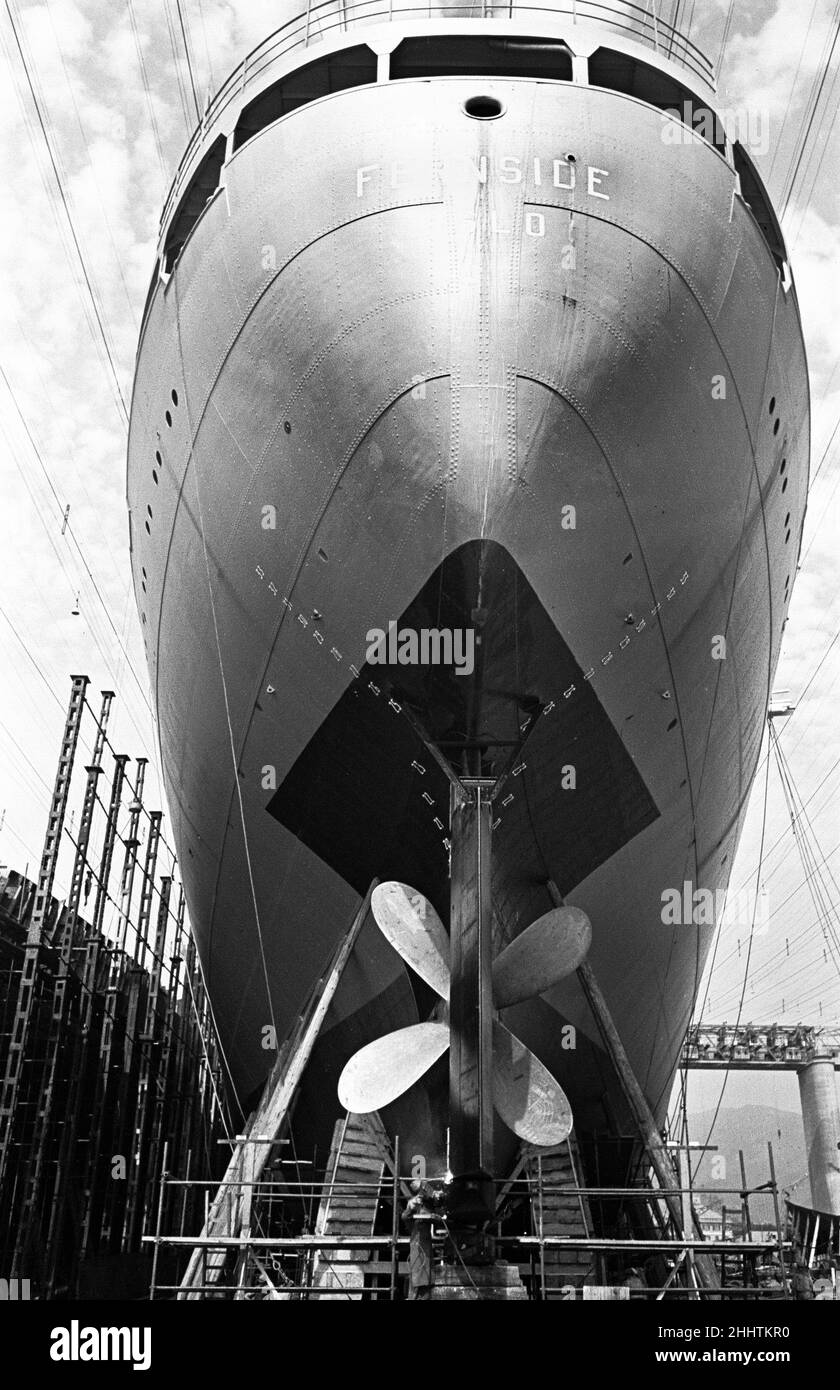 The general cargo ship Fernside seen here in dry dock at Genoa. Circa ...