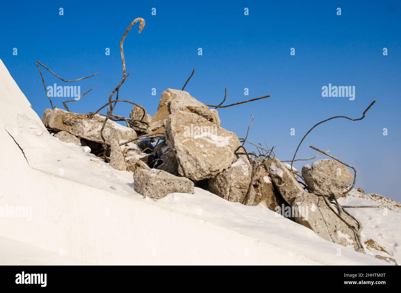 Pieces of concrete with reinforcement from destroyed structures Stock ...