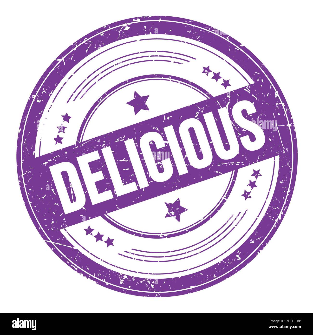 DELICIOUS text on violet indigo round grungy texture stamp Stock Photo ...