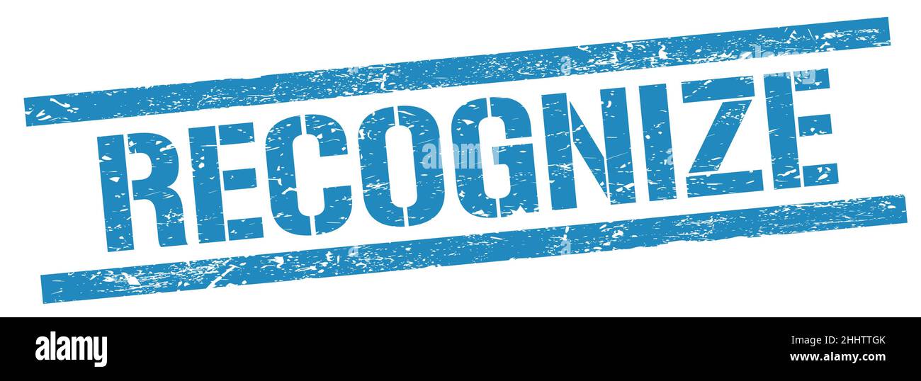 RECOGNIZE text on blue grungy rectangle stamp sign Stock Photo - Alamy