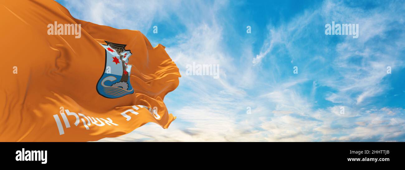 flag of Ashkelon , Israel at cloudy sky background on sunset, panoramic ...