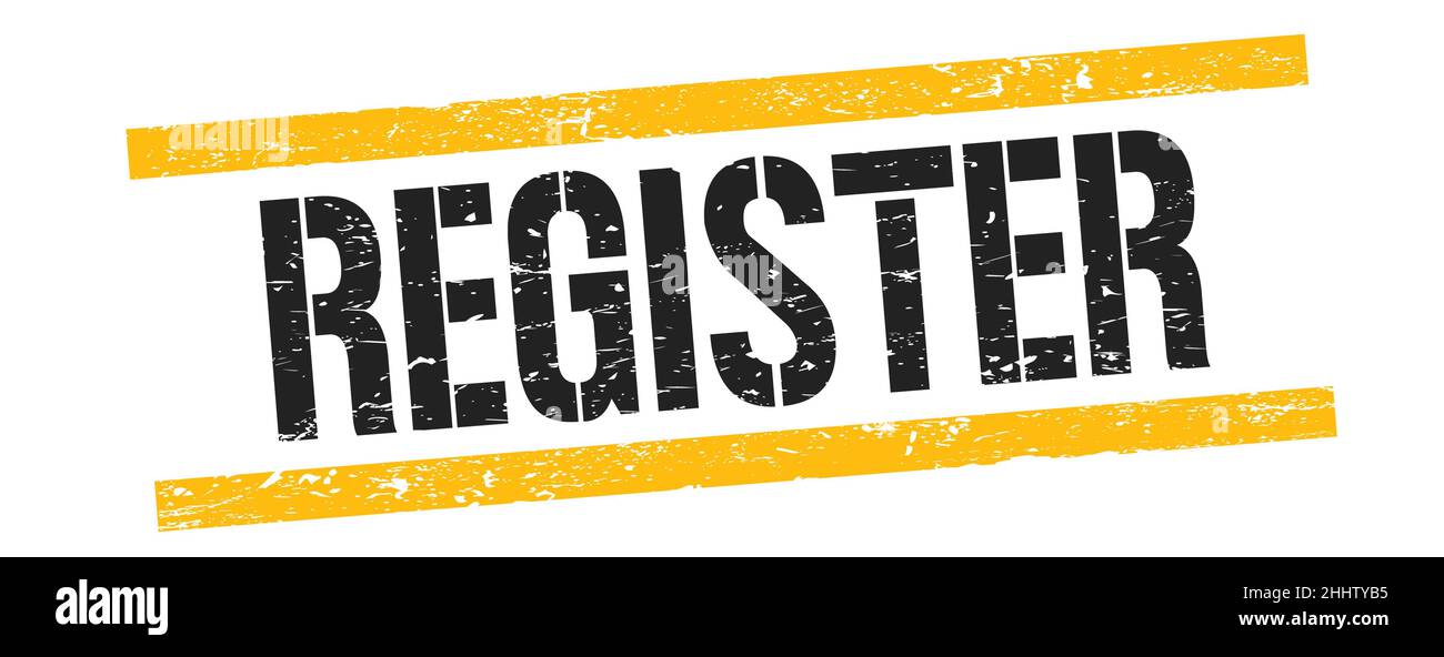 REGISTER text on black yellow grungy lines stamp sign Stock Photo - Alamy