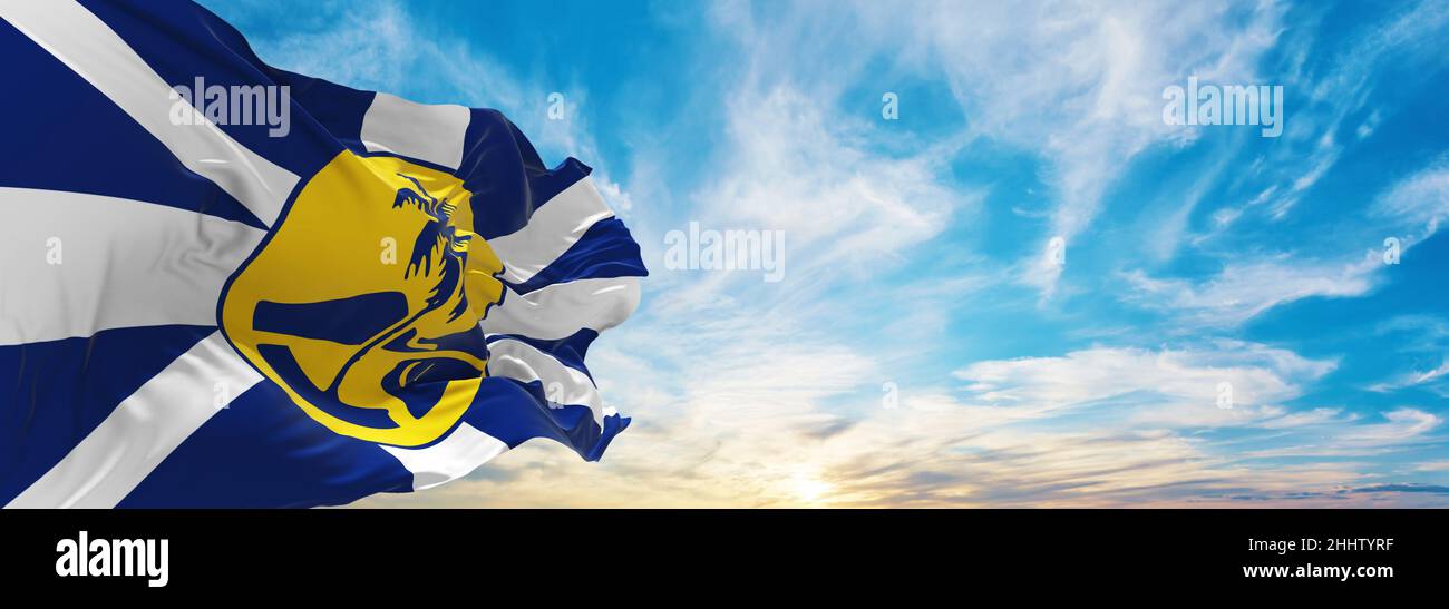 flag of Lord Howe Island , Australia at cloudy sky background on sunset ...