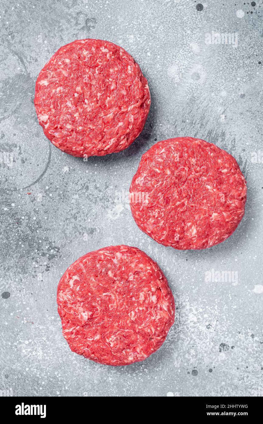 Raw Ground mince beef meat Burger steak cutlets. Gray background. Top ...