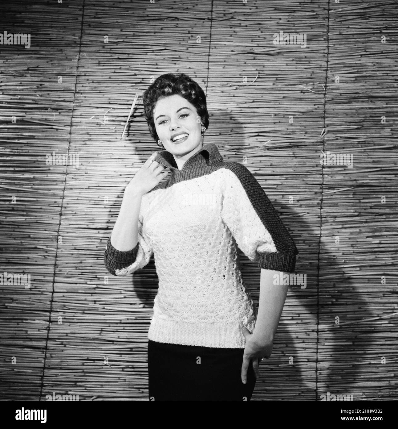 Eunice Gayson, actress and model, poses in a sweater for Sunday Mirror ...