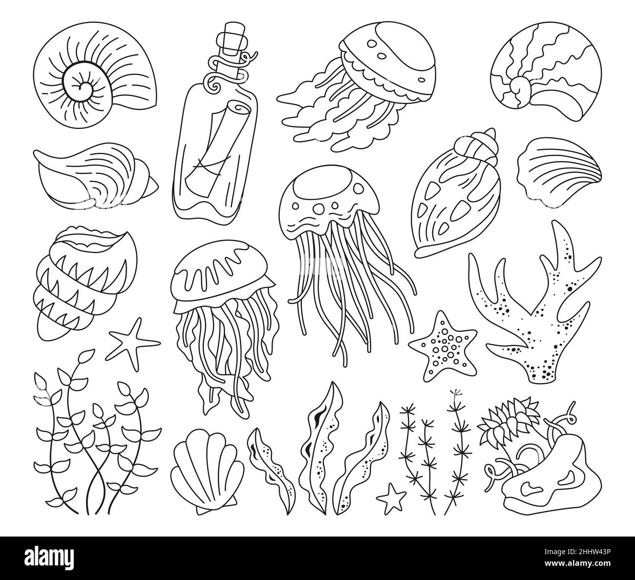 Seashells outline doodle set. Ocean marine coral, letter message, shell ...