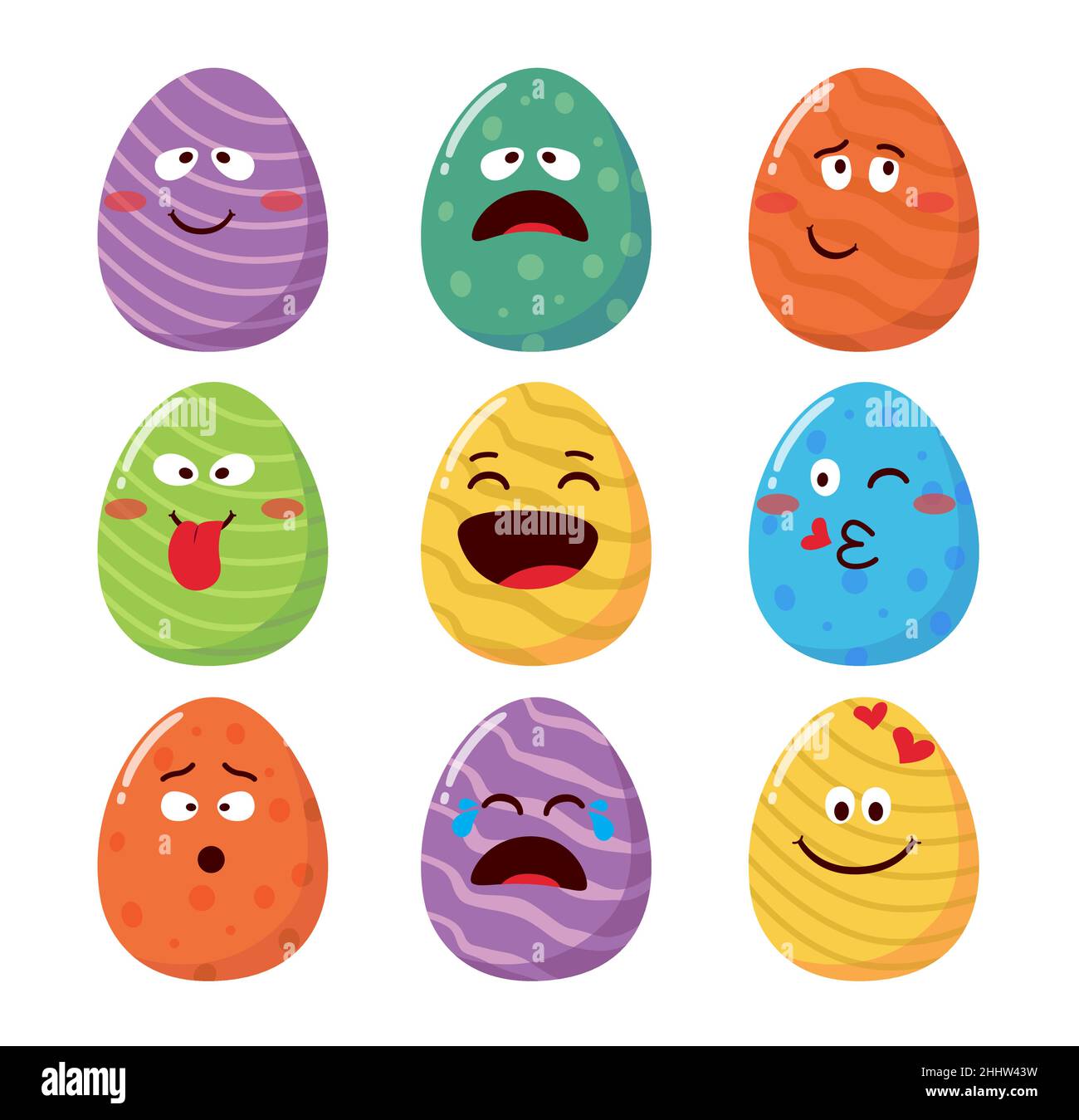 Emoji easter eggs vector set design. Easter season emoticons in oval ...