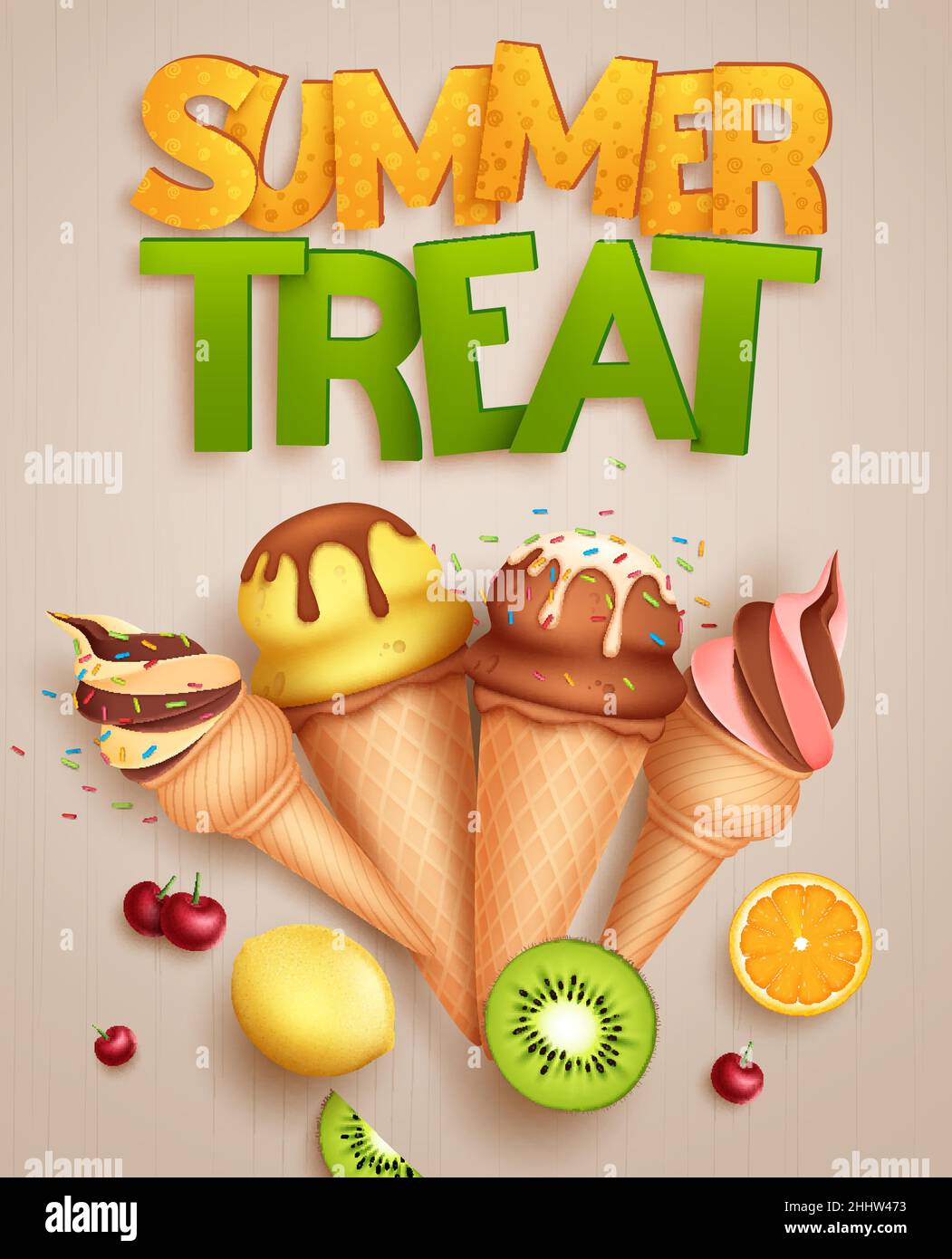 Summer ice cream vector design. Summer treat 3d text with ice cream ...