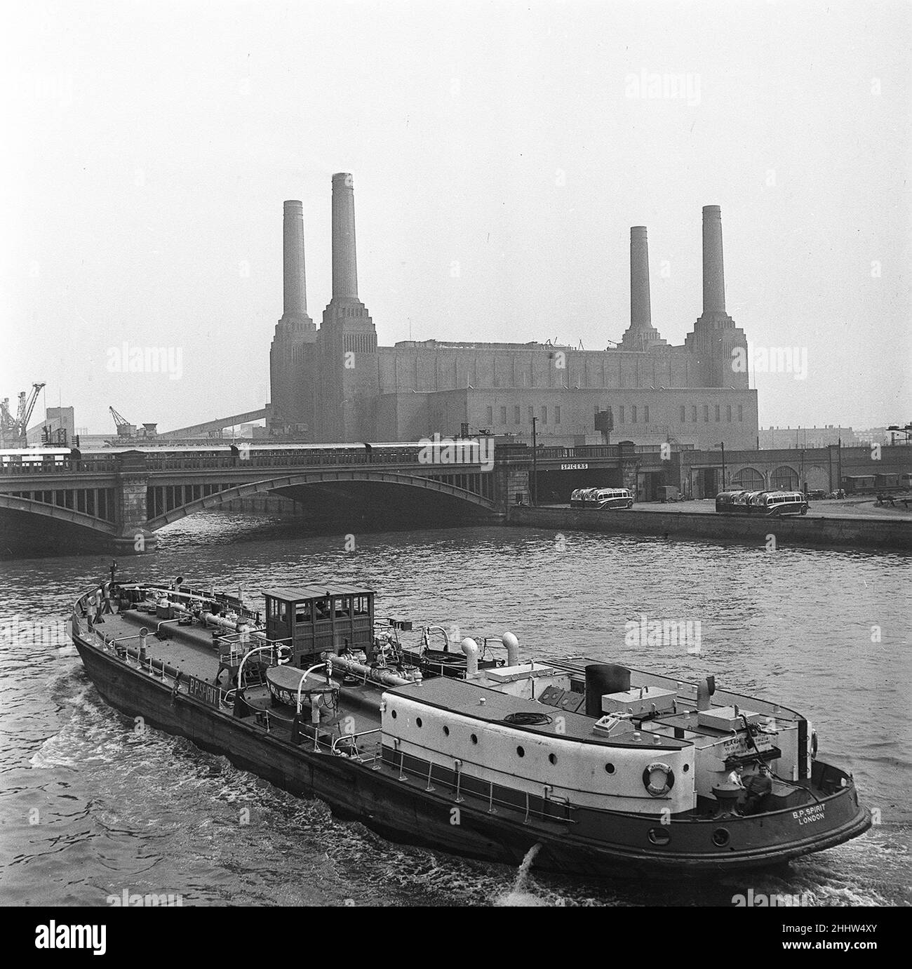 Boat named BP Spirit passes Battersea Power Station Circa 1954 Stock ...