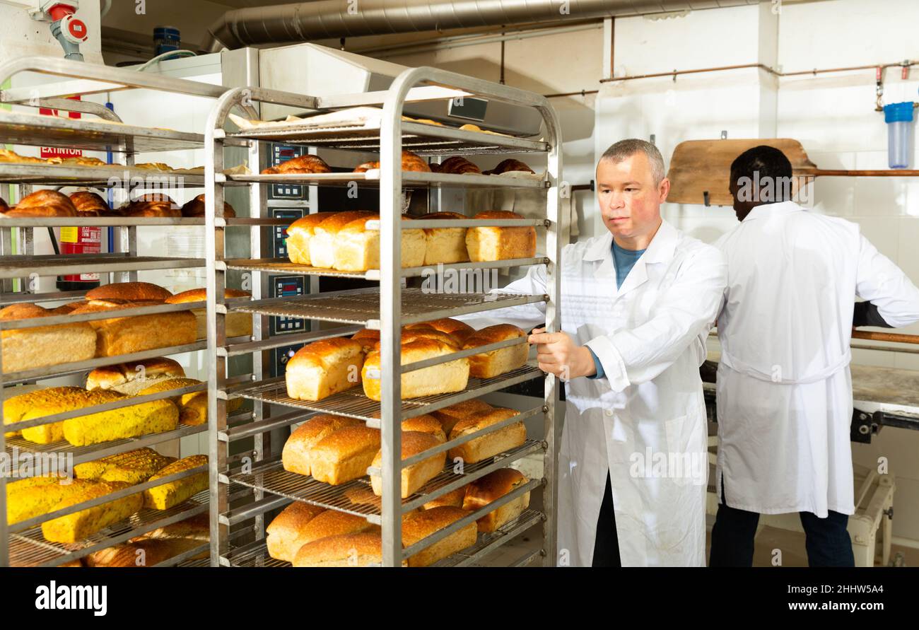 Baker pushing trolley with baked bread Stock Photo - Alamy
