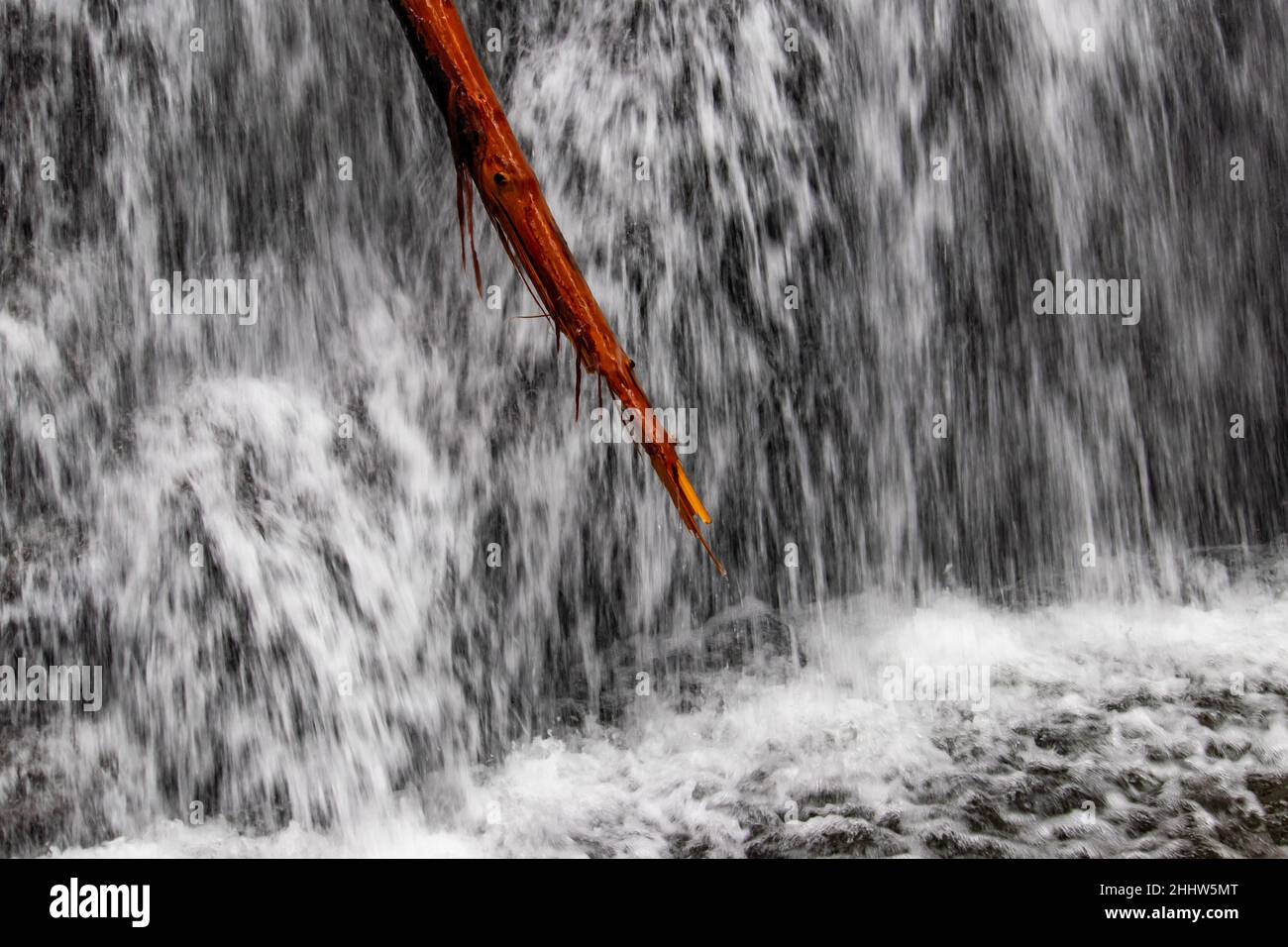 Log hanging over a waterfall Stock Photo - Alamy