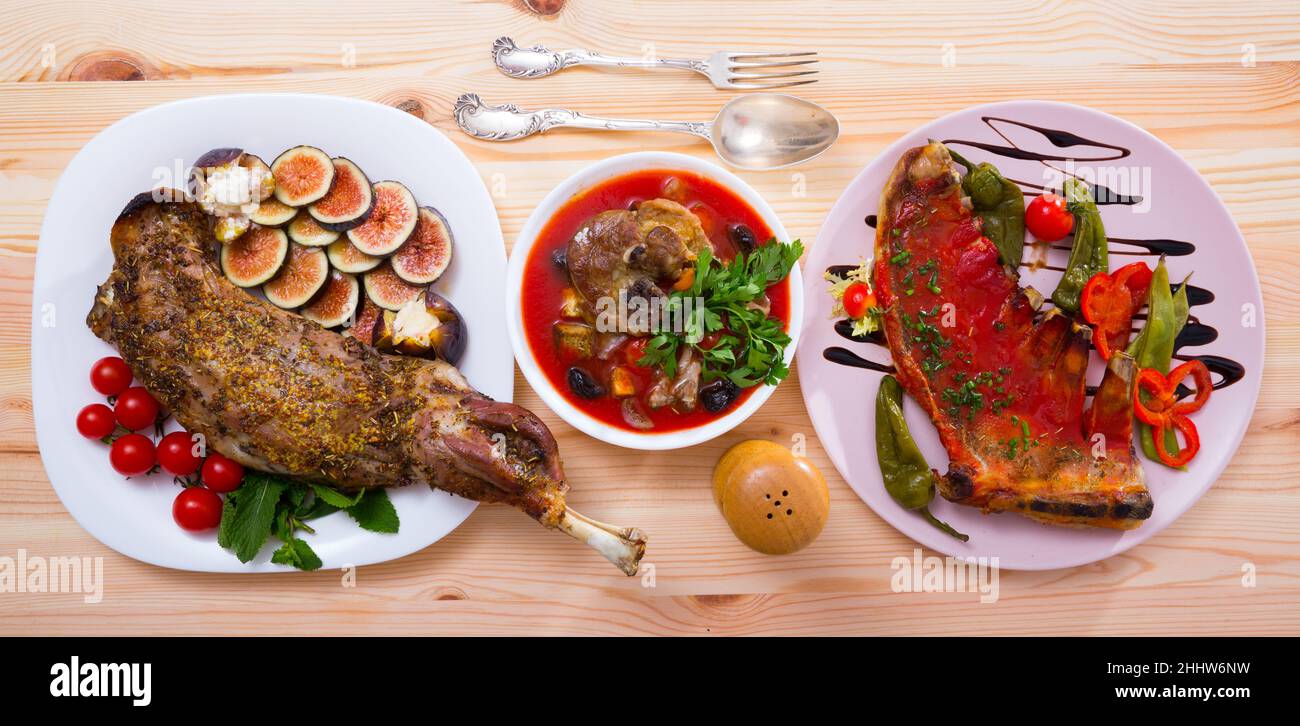 Top view of set of lamb dishes Stock Photo - Alamy