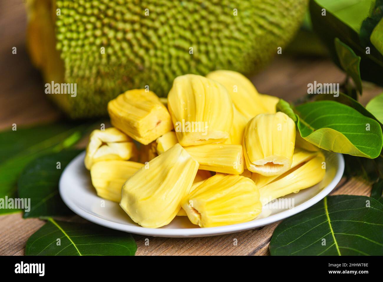 jackfruit on white plate with leaf, ripe jackfruit peeled tropical ...