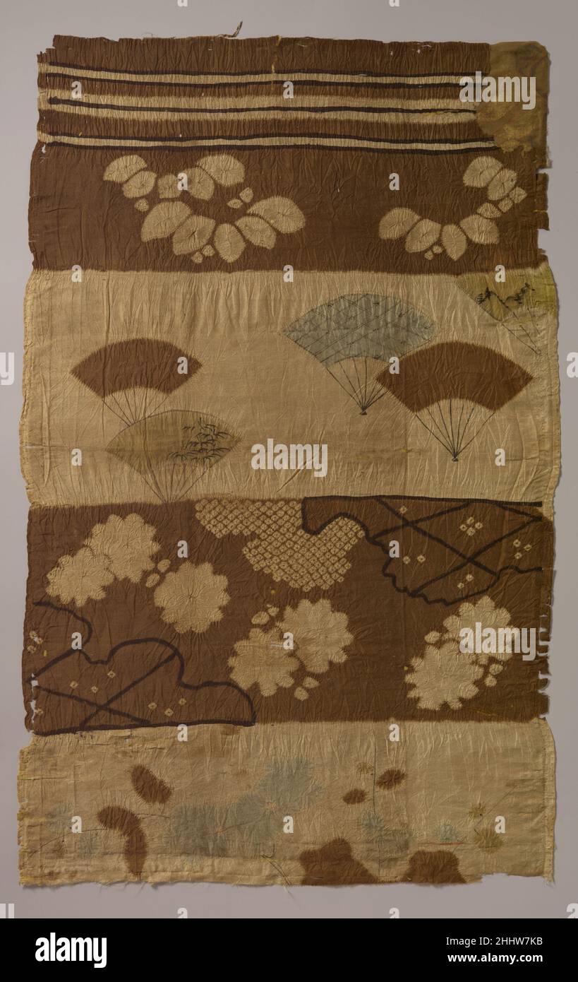 Tsujigahana Textile with Horizontal Stripes, Flowering Plants, Fans ...