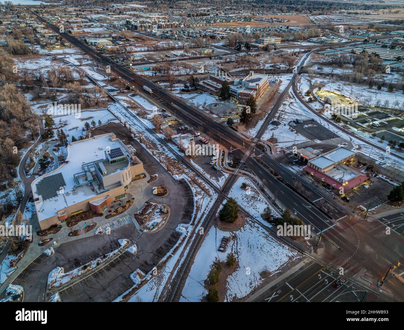 winter dawn over Fort Collins, Colorado - aerial view of northern city ...