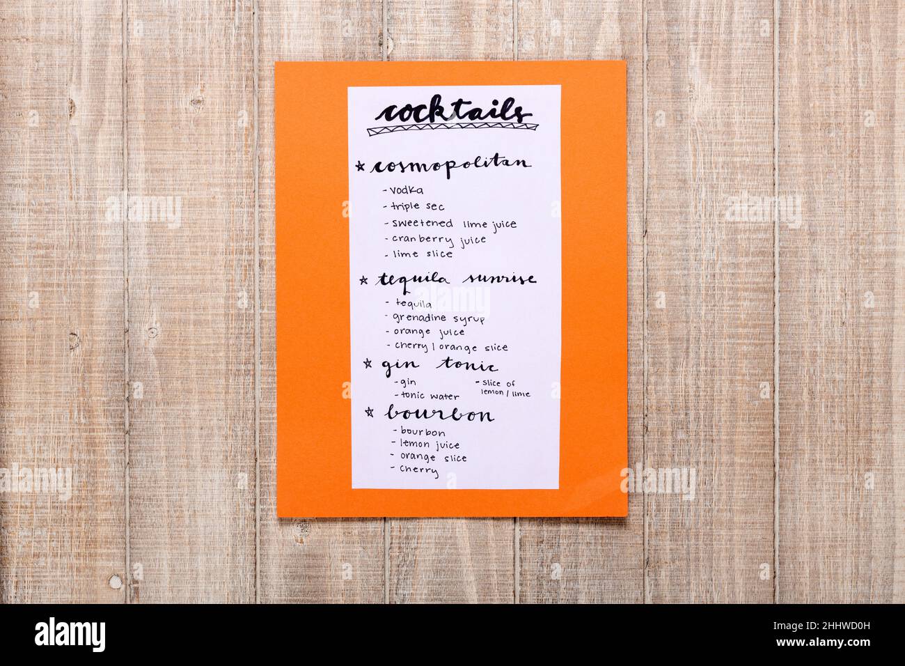 Handmade cocktail menu design on vintage wood background Stock Photo ...