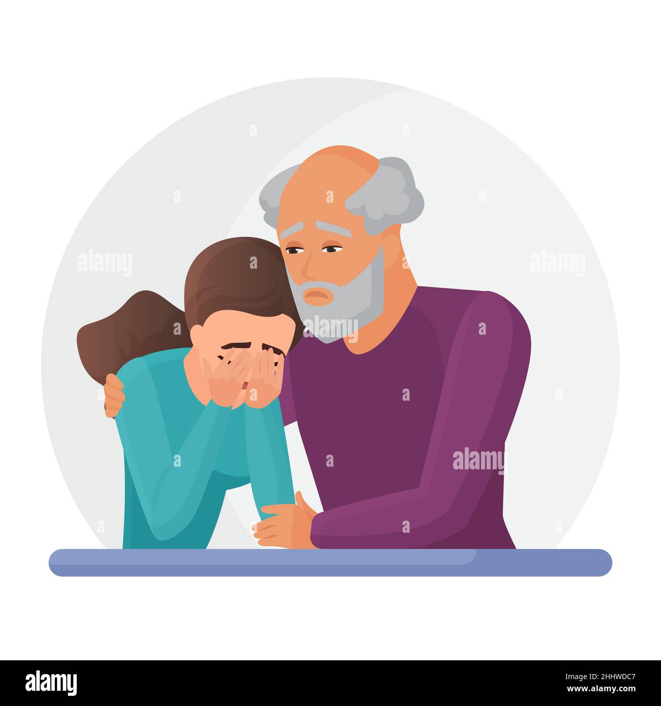 Old father supporting sad daughter flat vector illustration. Mental ...