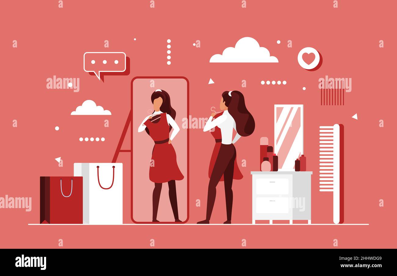 Try on fashion clothes concept with cartoon beautiful woman Stock ...