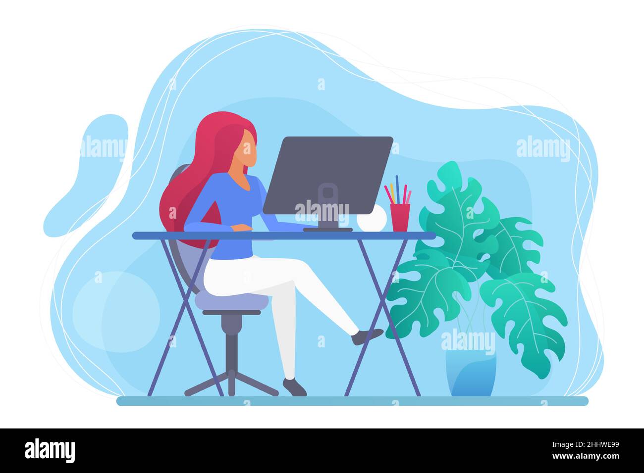 Young freelancer woman working with computer, stay at home concept ...
