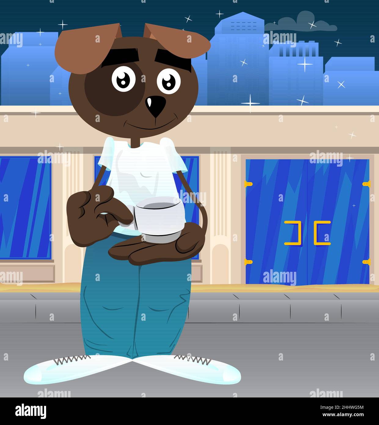 Funny cartoon dog holding a cup of coffee. Vector illustration Stock ...