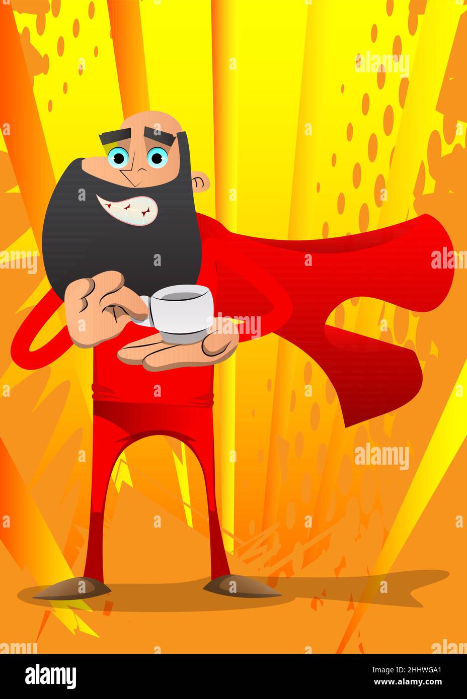 Funny cartoon man dressed as a superhero holding a cup of coffee ...
