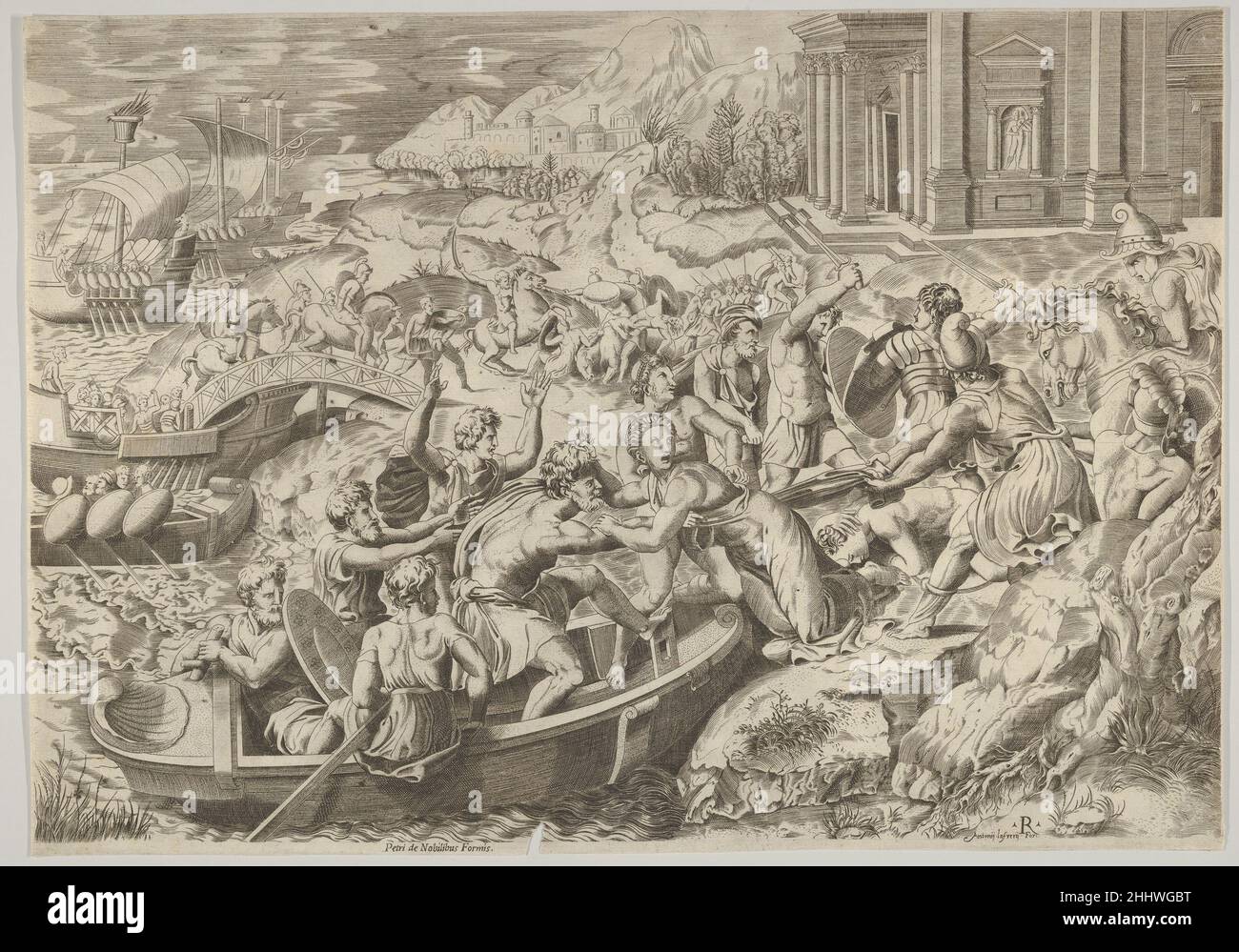 The abduction of Helen; battle scene on a shore with two men pulling ...