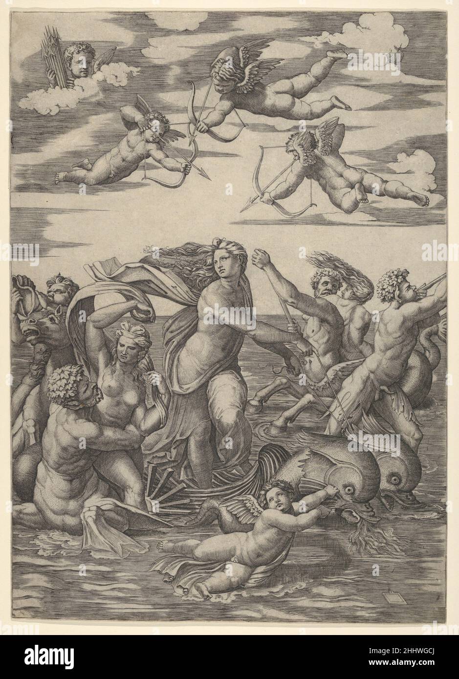 Galatea standing in a water-chariot pulled by two dolphins, surrounded ...