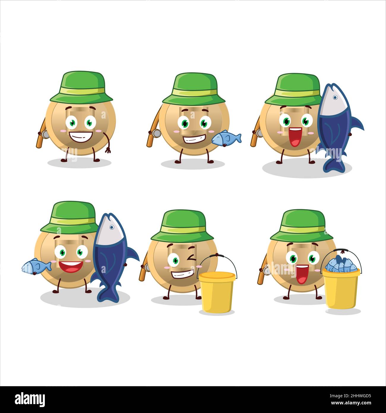 A fisherman chinese coin cartoon picture catch a big fish. Vector ...