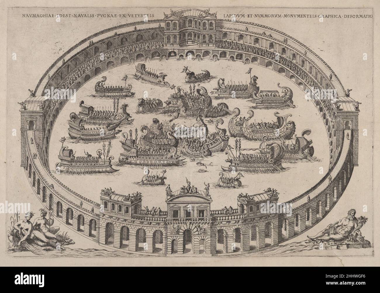 Naval engagement set inside a Roman arena, with the river Tiber and ...