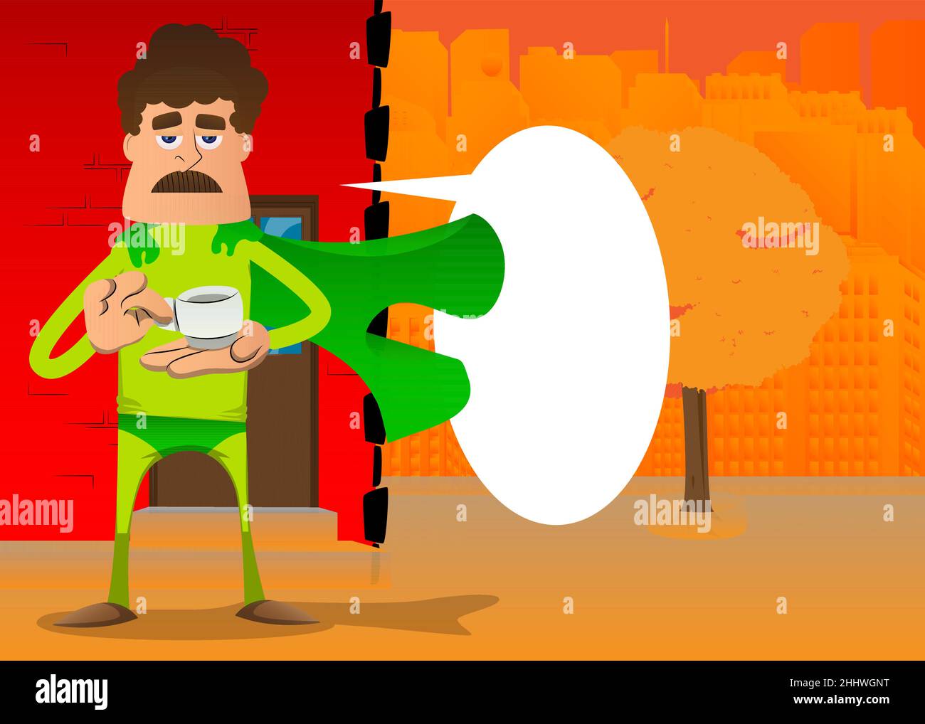 Funny cartoon man dressed as a superhero holding a cup of coffee ...