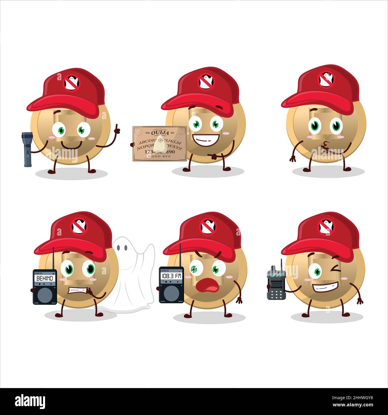 Ghost hunter cartoon chinese coin character using camera. Vector ...