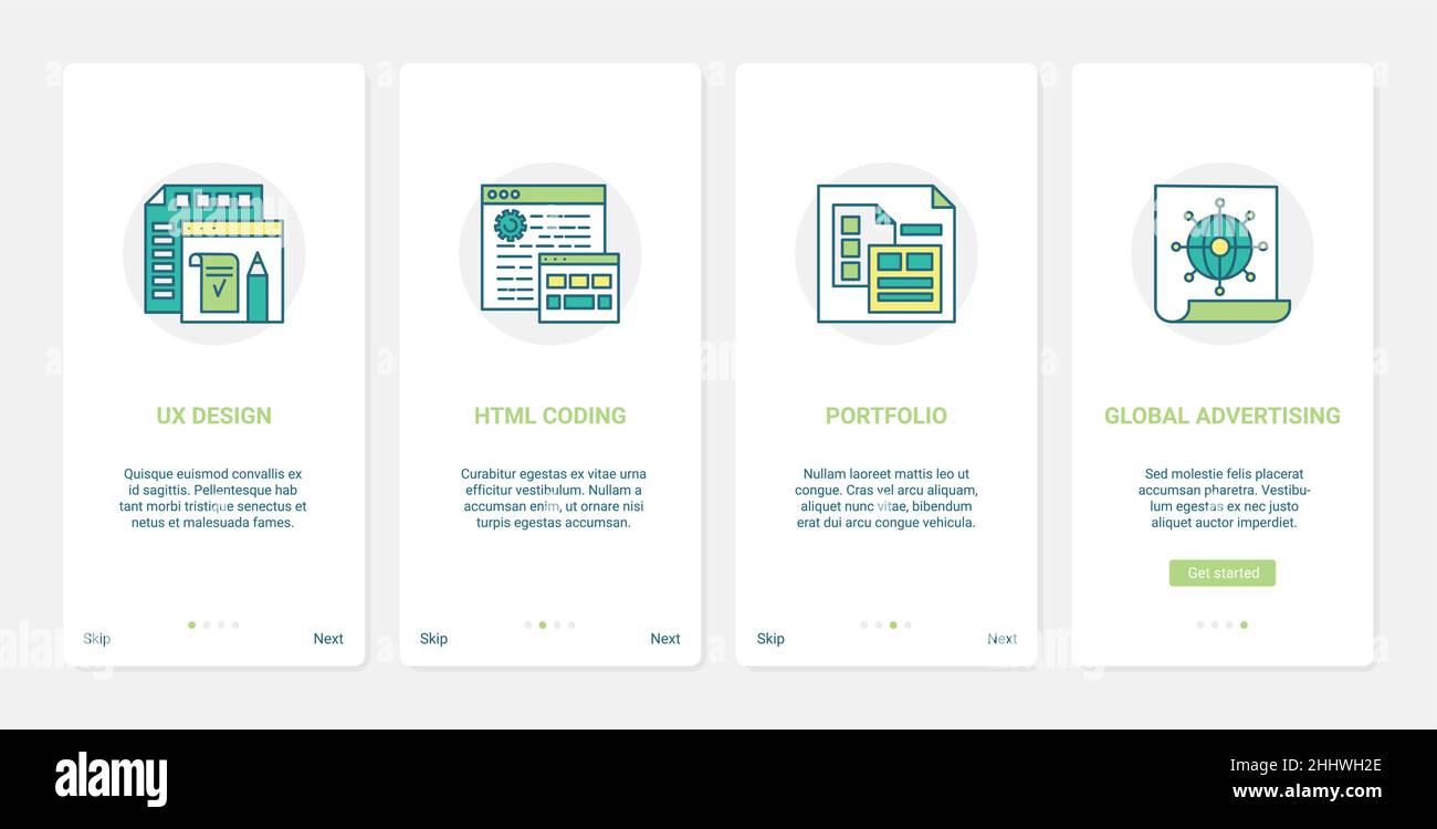 Media advertising service, designer developer portfolio vector illustration. UX, UI onboarding ...